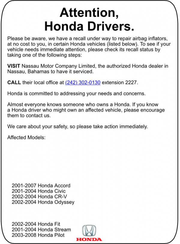 Attention, Honda Drivers: Airbag Inflator Recall – Nassau Motor Company